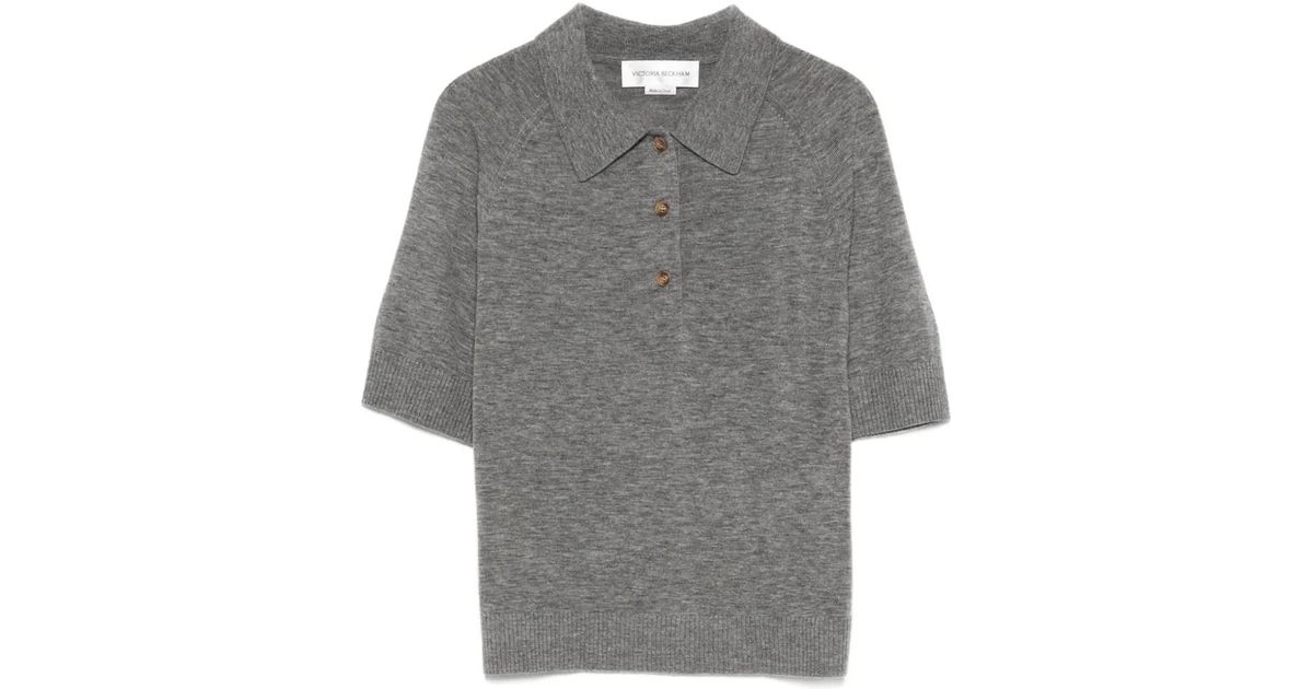 Victoria Beckham Fine-Knit Polo Shirt in Gray | Lyst