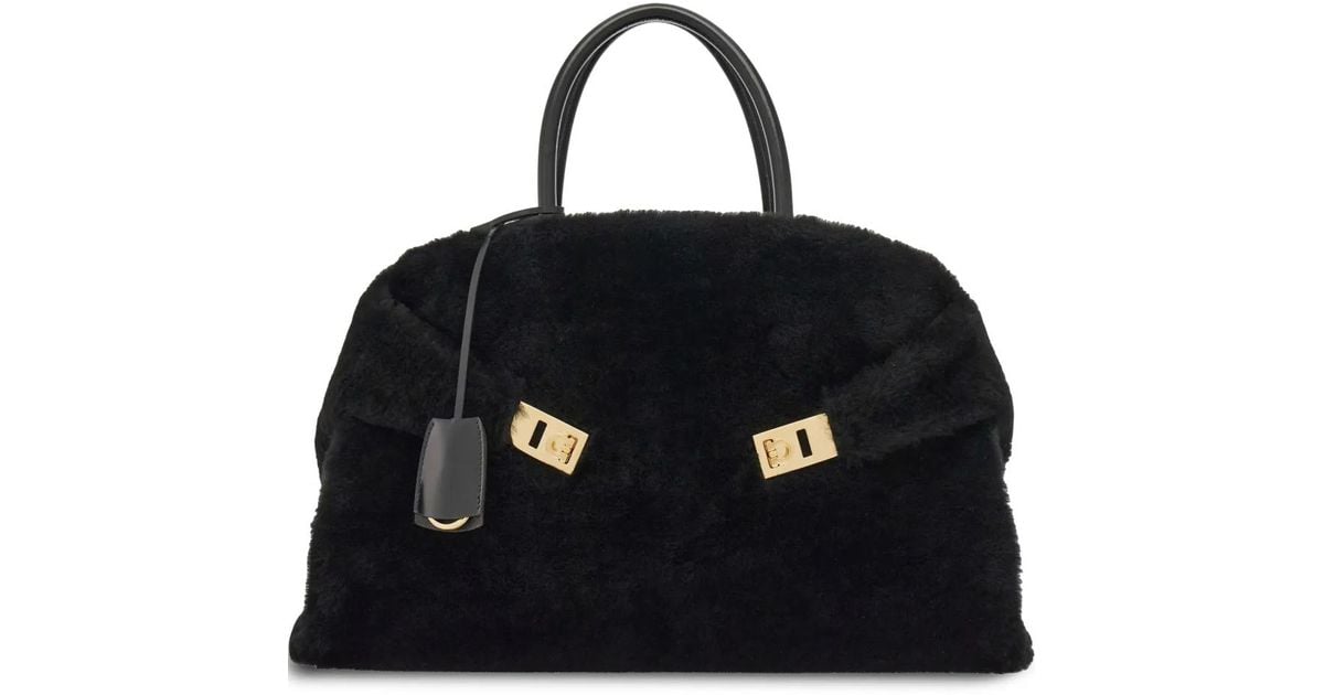 Ferragamo Hug Faux-Fur Tote Bag in Black | Lyst