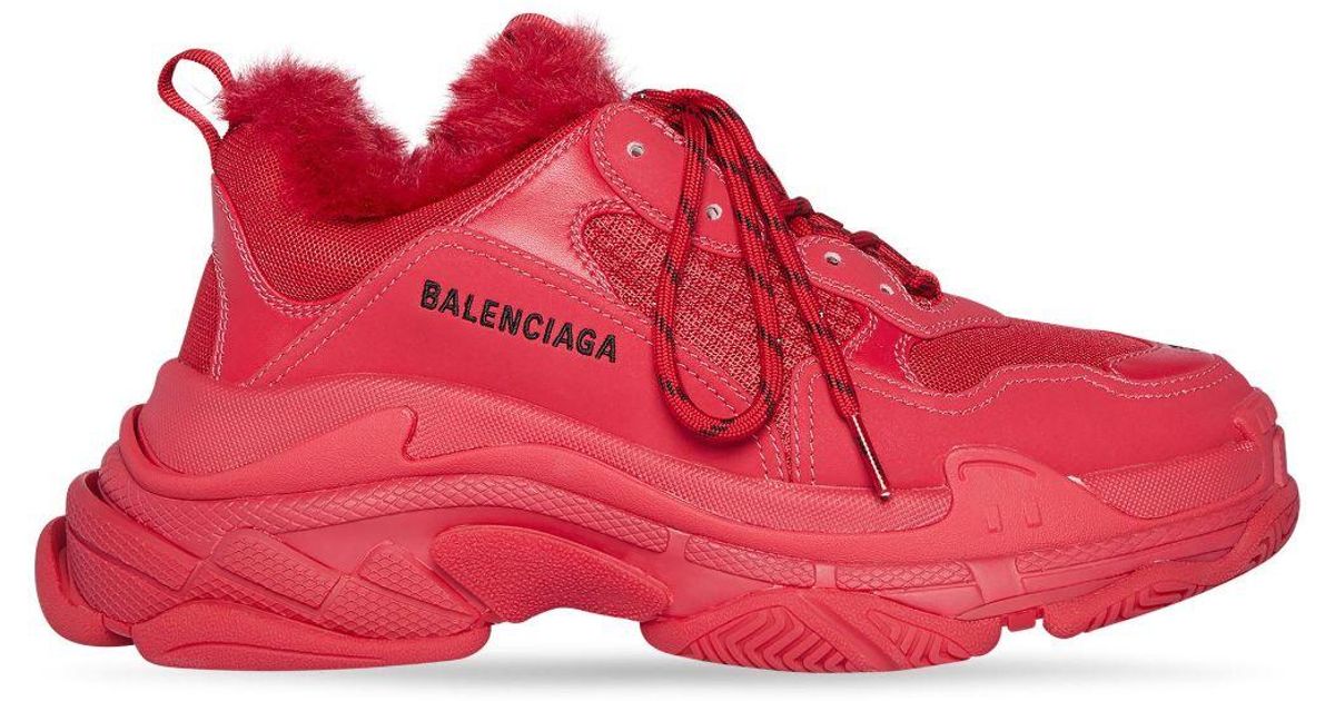 Balenciaga Triple S Faux-Fur Trim Sneakers in Red for Men | Lyst