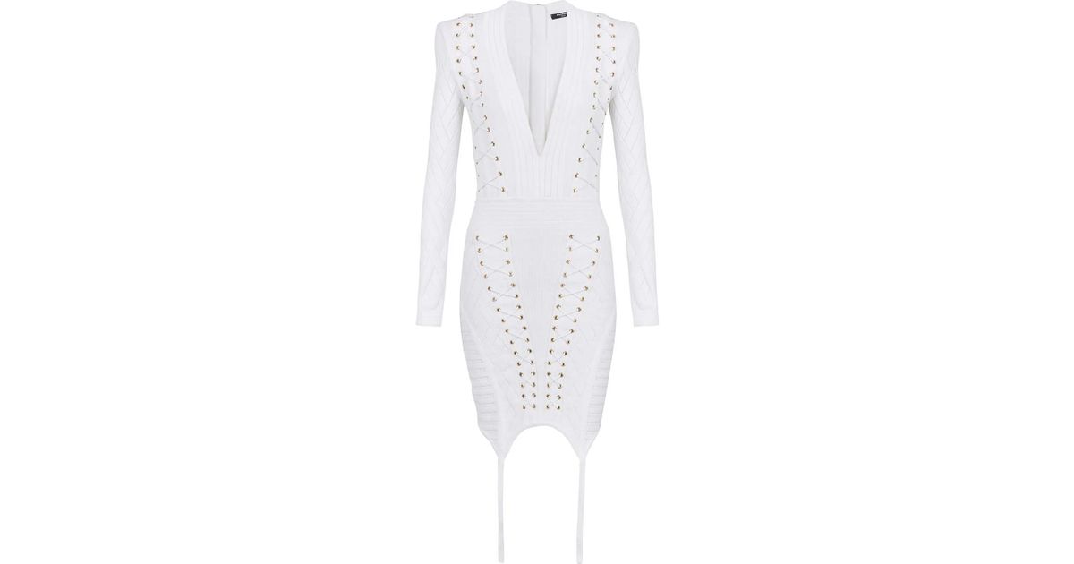 Balmain Lace-Up Detail Knitted Dress in White | Lyst UK