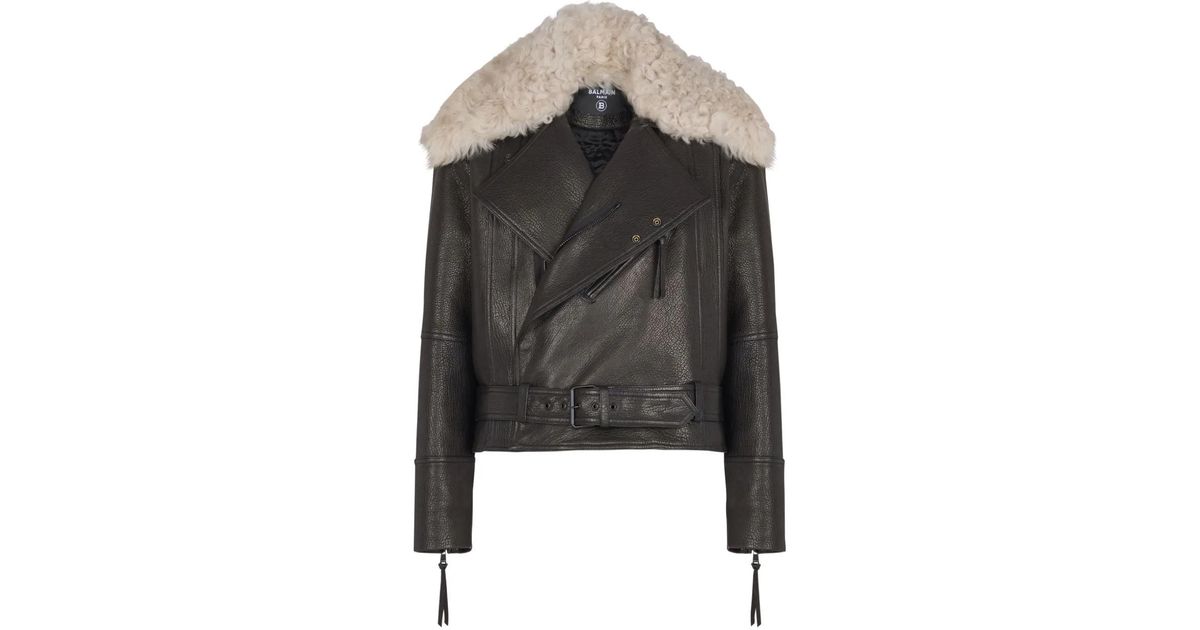 Balmain Shearling-Collar Leather Jacket in Black for Men | Lyst UK