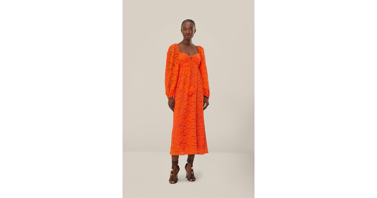 FARM Rio Lace Long Sleeve Midi Dress in Red | Lyst