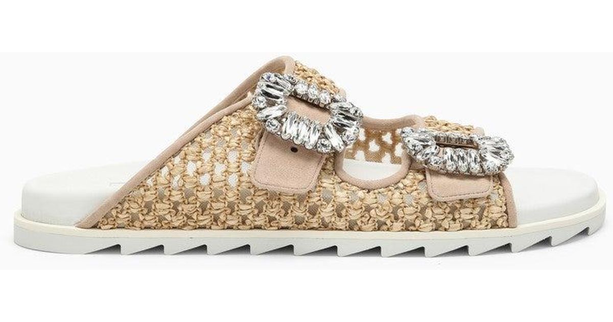 Roger Vivier Raffia Slidy Viv' Mule With Rhinestone Buckle in Natural ...