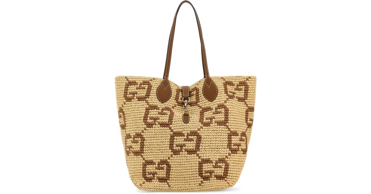 Gucci Embroidered Raffia Shopping Bag in Natural | Lyst
