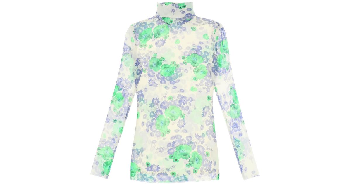Ganni Long Sleeved Top In Mesh With Floral Pattern in Green | Lyst