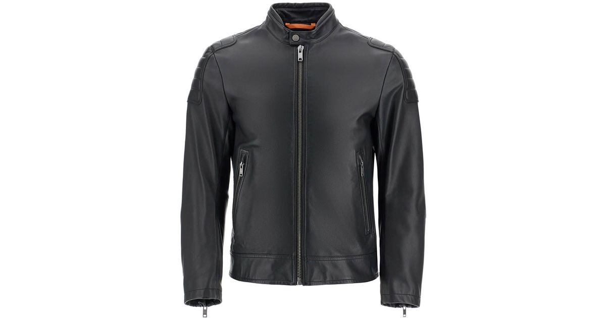 BOSS Leather Jacket With High Collar And Quilted Details in Black for ...