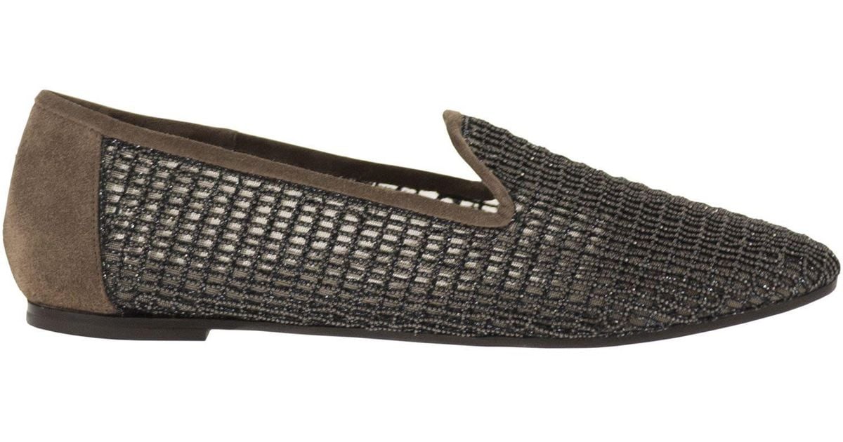 Brunello Cucinelli Suede Flats With Precious Net Embroidery | Lyst UK