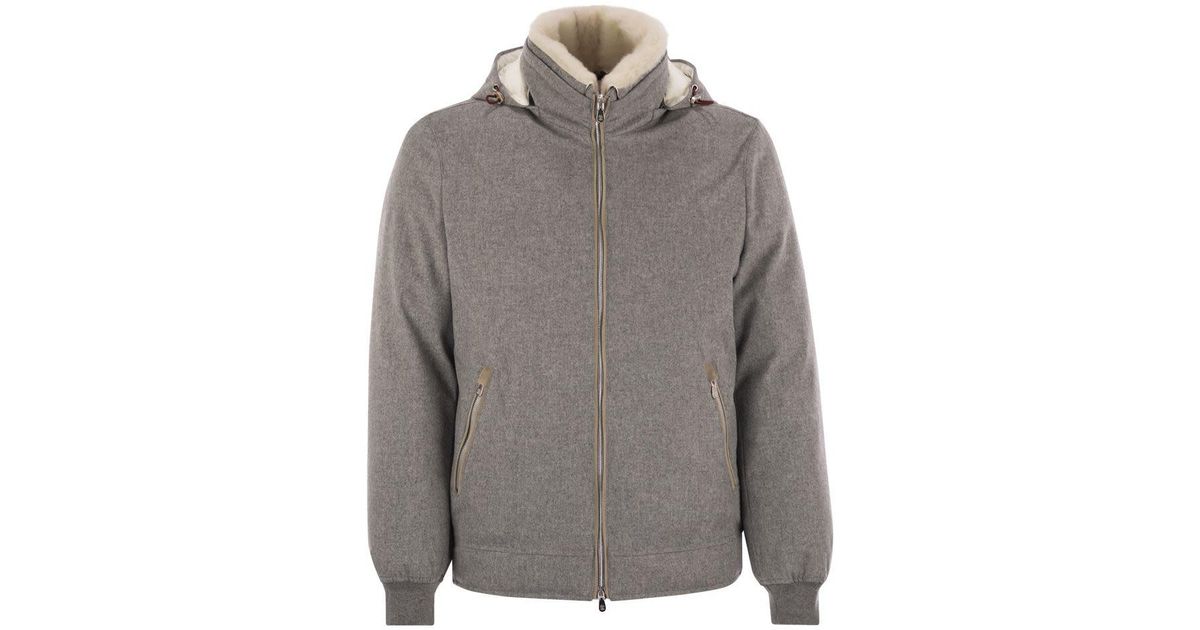 Brunello Cucinelli Membranated Wool Flannel Down Jacket With Shearling ...