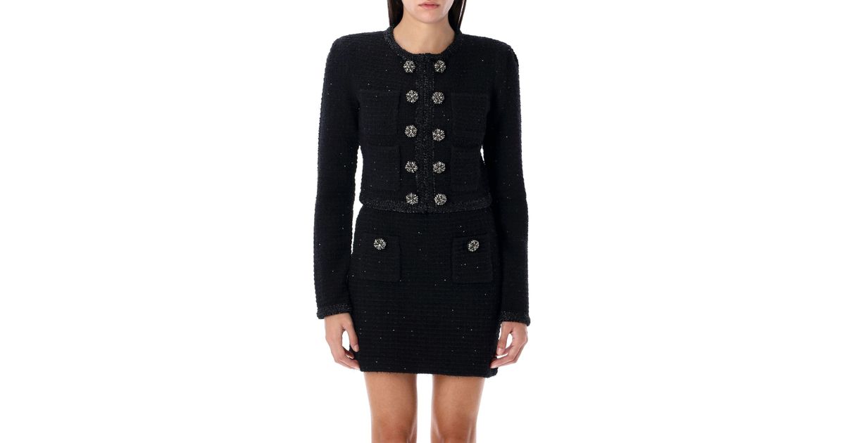 Self-Portrait Textured Knit Jacket in Black | Lyst
