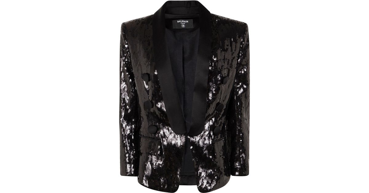 Balmain V-Neck Glitter Satin Tailored Jacket in Black | Lyst