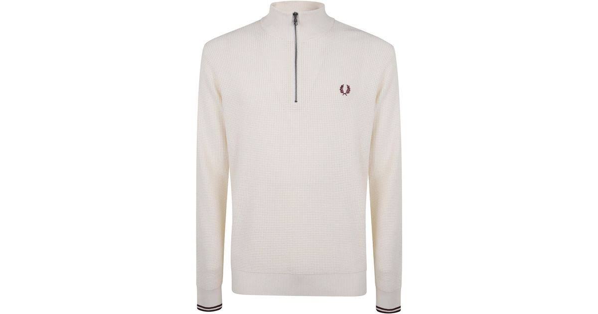 Fred Perry Waffle Stitch Half Zip Jumper in White for Men | Lyst UK