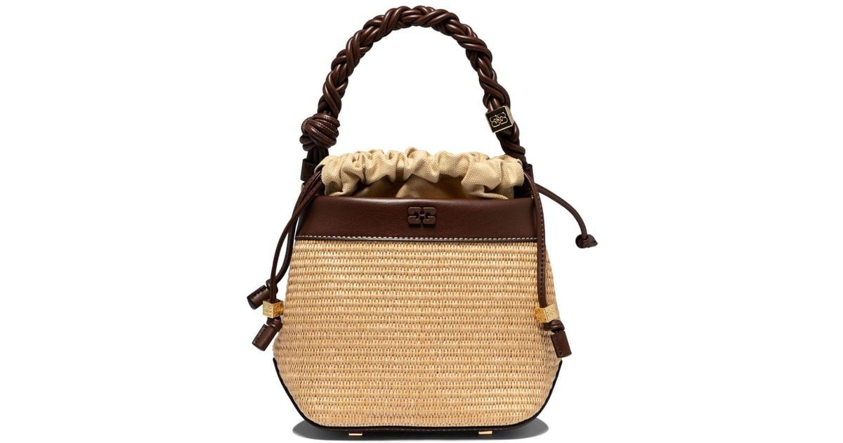 Ganni Bou Bucket Bag Raffia in Black | Lyst