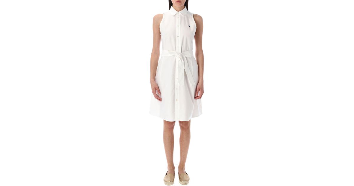 Polo Ralph Lauren Belted Oxford Sleeveless Mini Shirtdress in White | Lyst
