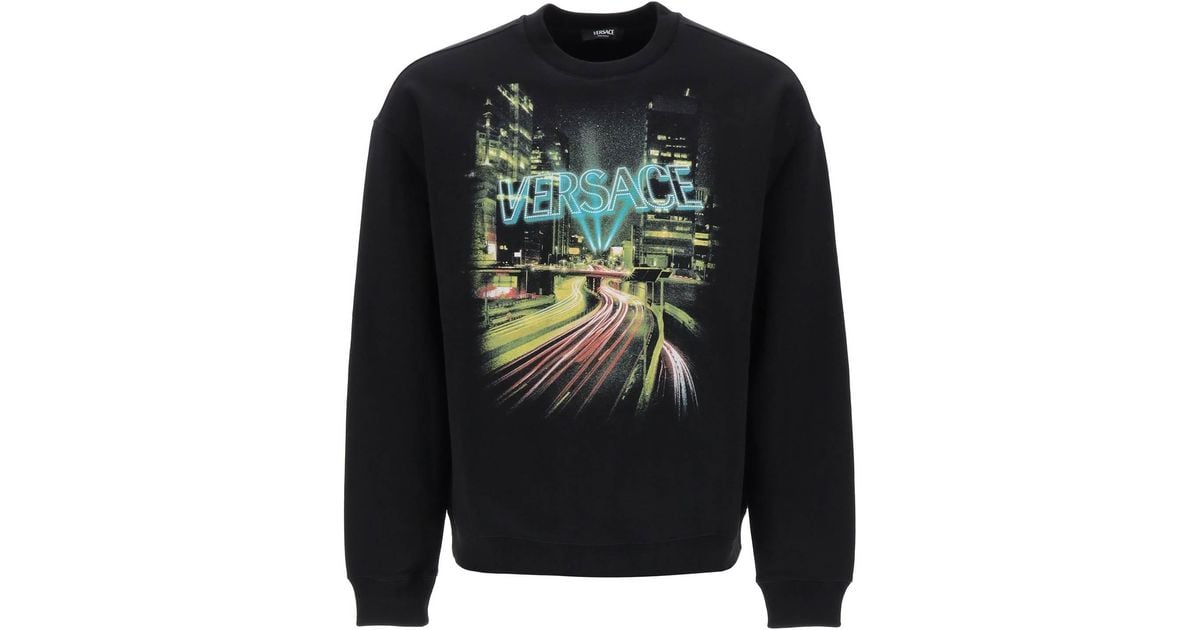 Versace Crew-neck Sweatshirt With City Lights Print in Black for Men | Lyst