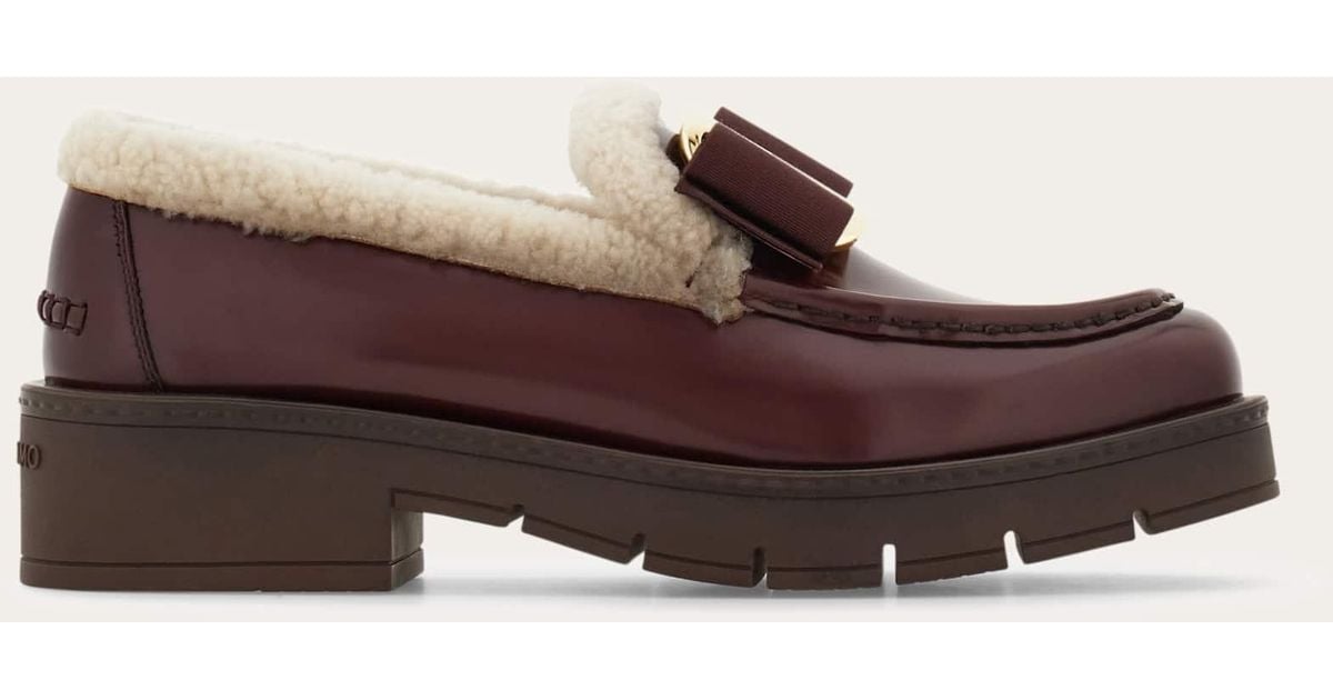 Ferragamo Women Merino Wool Lined Vara Bow Loafer in Brown | Lyst