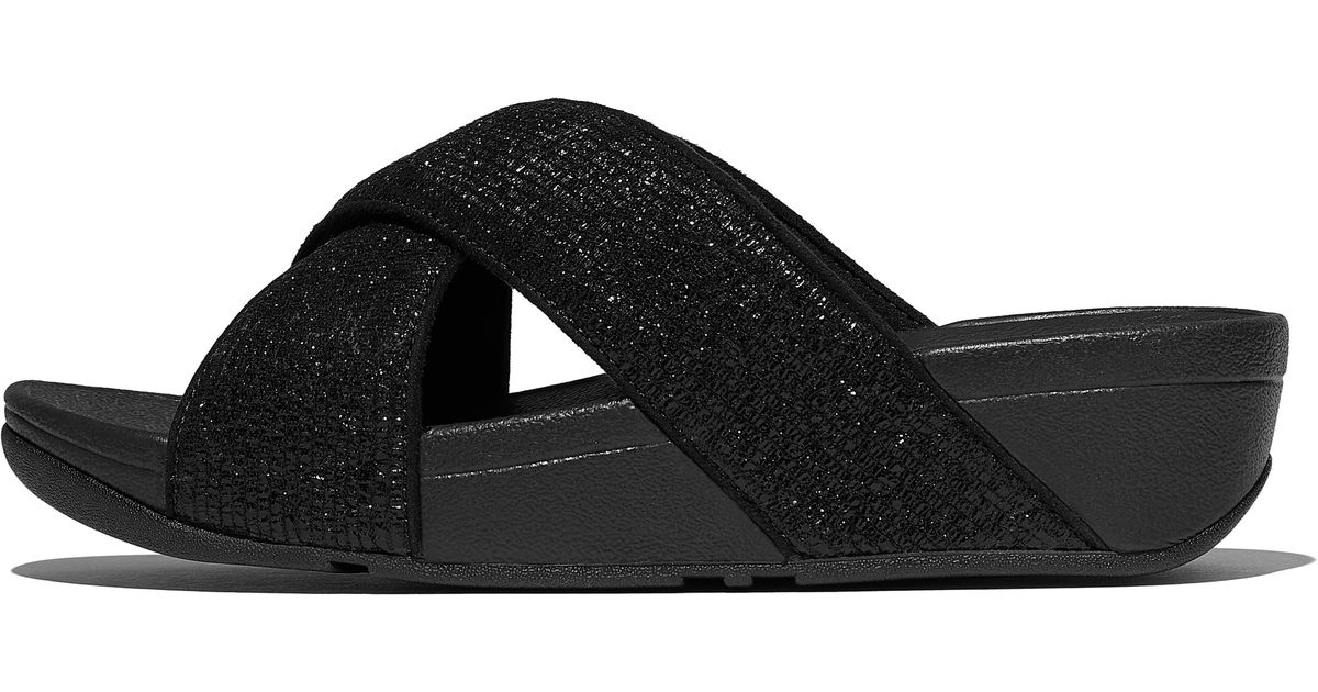 Fitflop Lulu Crinkled-Shimmer Cross Slides Polyester-Cotton in Black ...