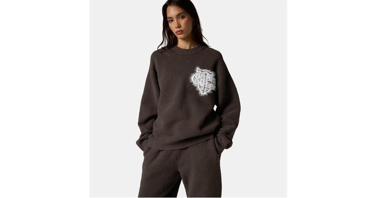 The Couture Club Fluffy Knit Crew Sweater in Brown | Lyst UK