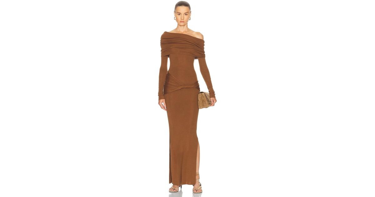 AYA MUSE Off Shoulder Maxi Dress in Brown | Lyst