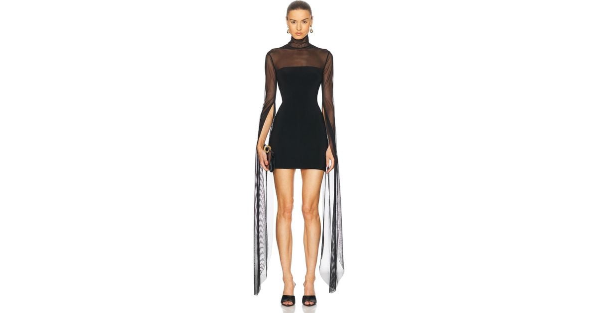 Norma Kamali Ribbon Sleeve Turtleneck Mesh Mini Dress in Black | Lyst