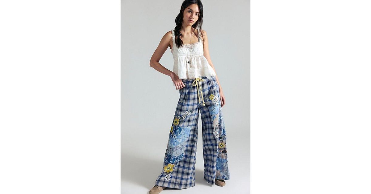 Free People Brooks Embroidered Wide-Leg Patchwork Pants in Blue | Lyst