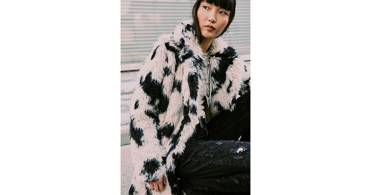 Free People Jade Spotted Faux Fur Coat Jacket in Black | Lyst