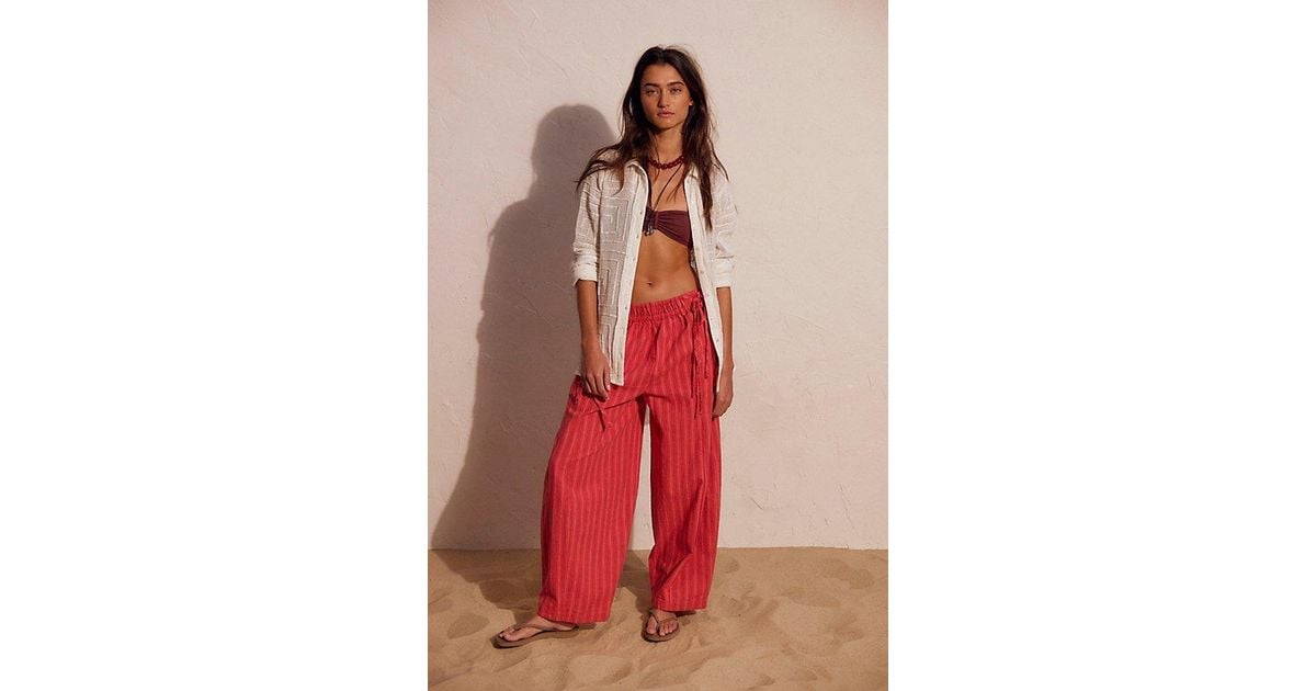 Free People Sun Dazed Cotton-Linen Striped Pants in Red | Lyst