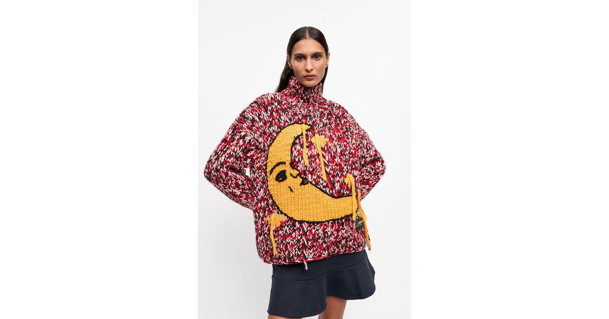 Ganni Handknit High Neck Jumper in Red | Lyst