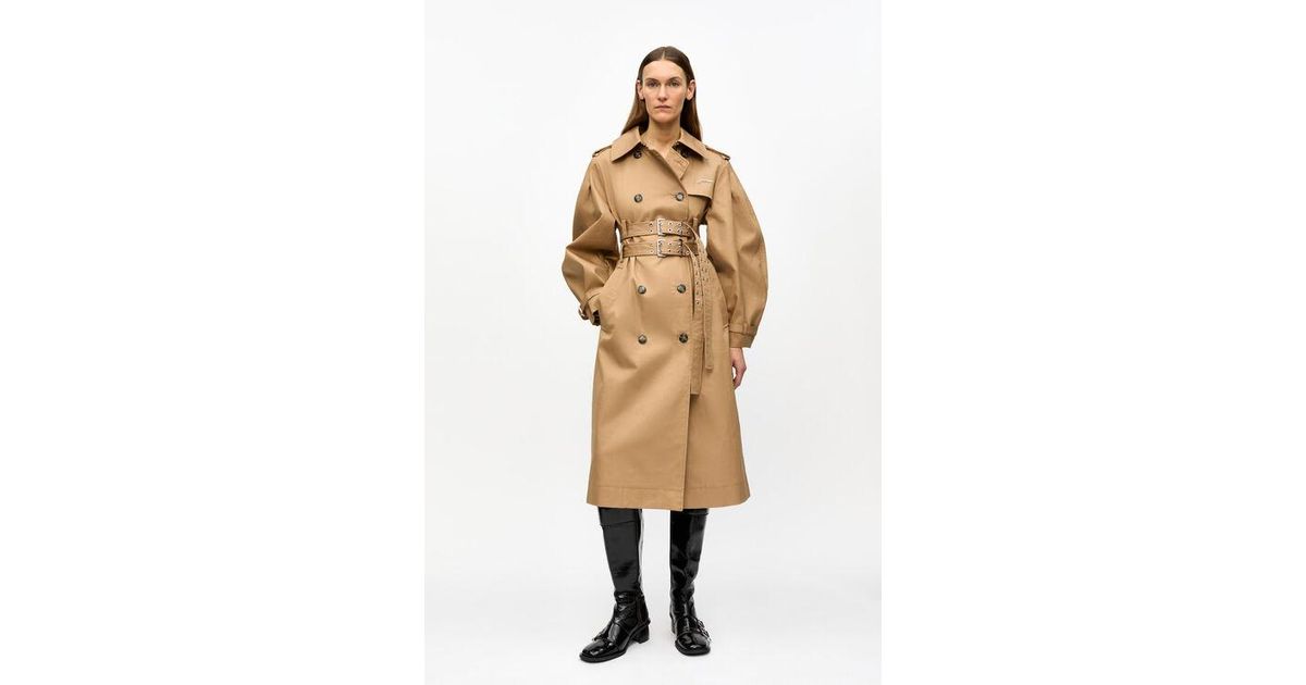 Ganni Camel Bonded Cotton Trench Coat in Metallic | Lyst