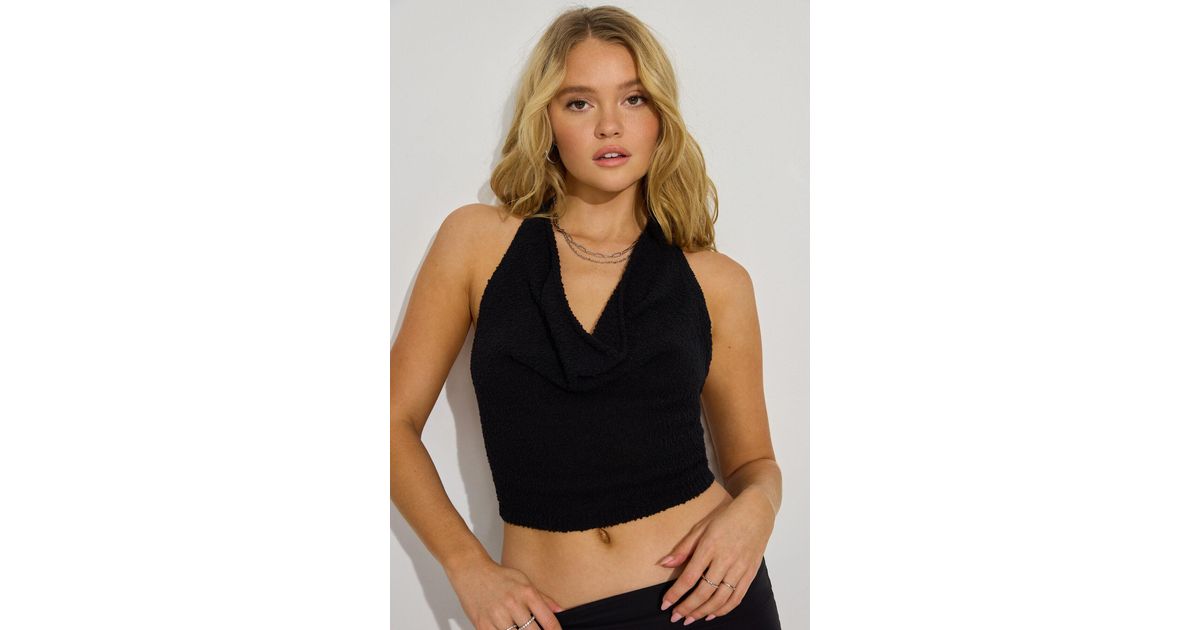 Garage Bouclé Cowl Halter Top in Black | Lyst