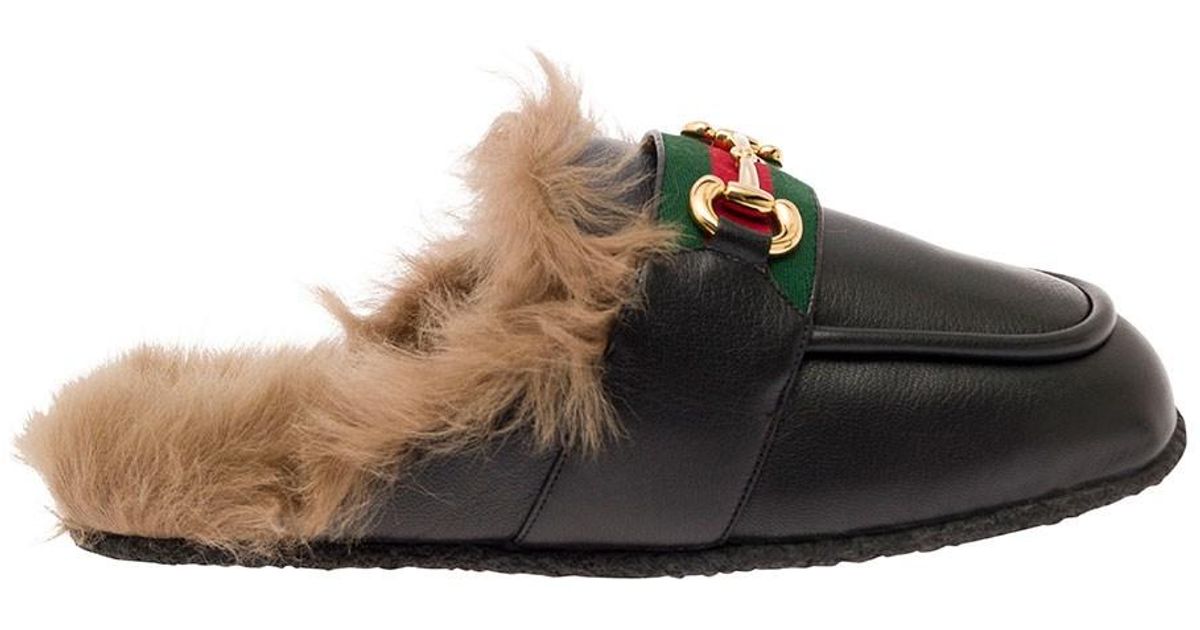 Gucci Slipper With Web And Horsebit Detail In Leather And Fur in Black ...