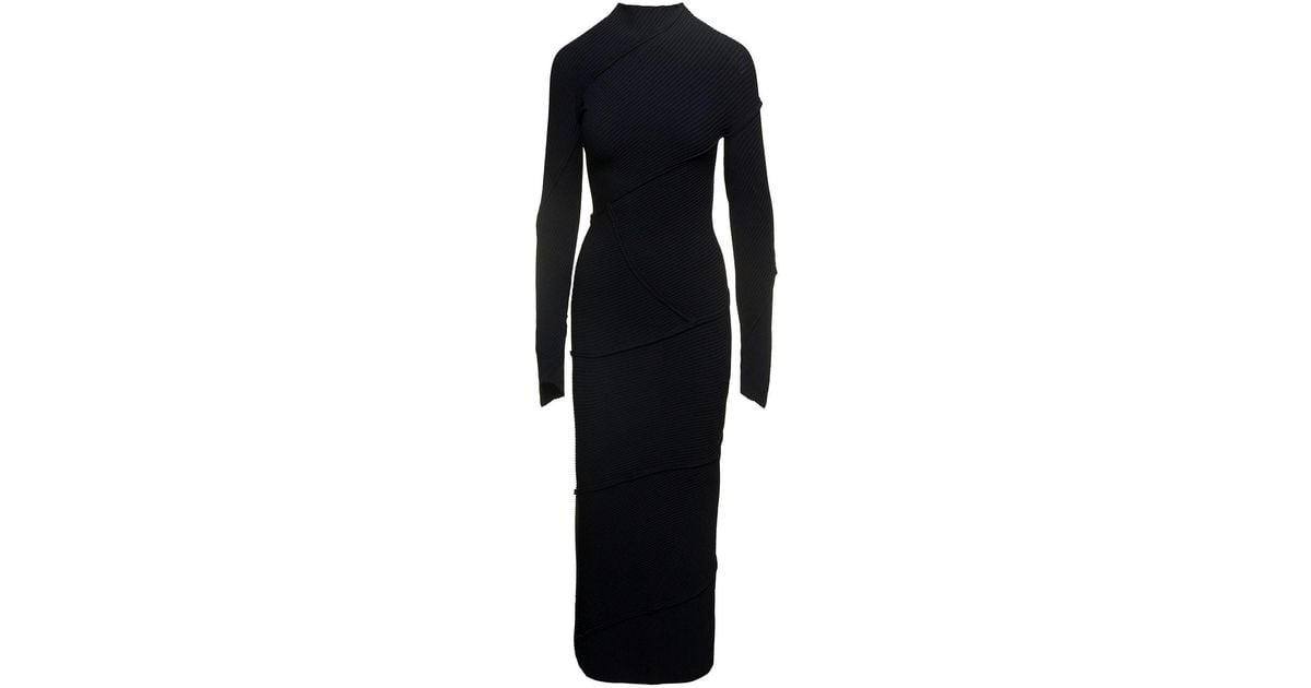Balenciaga Maxi Black Ribbed Dress With Spiral Construction And Exposed Seams In Viscose Blend