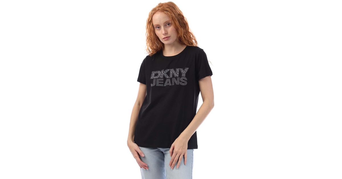 DKNY Rhinestud Logo T-Shirt in Black | Lyst UK