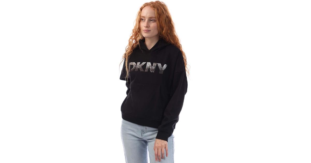 DKNY Sequin Logo Hoody in Black | Lyst UK