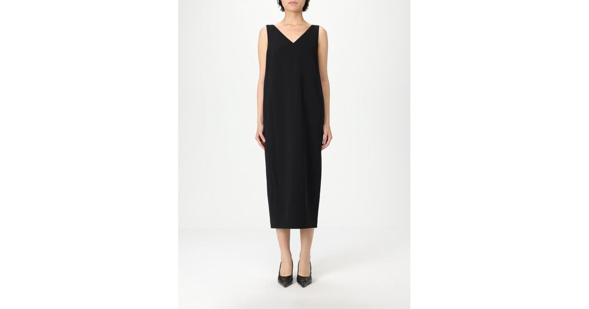 Theory Crepe Midi Dress Sleeveless Vneck in Black | Lyst