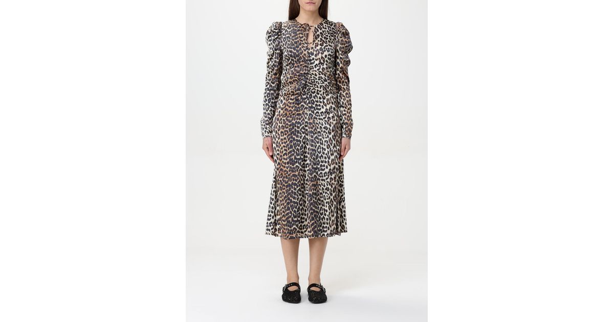 Ganni Leopard Print Midi Dress Puff Sleeves in Brown | Lyst