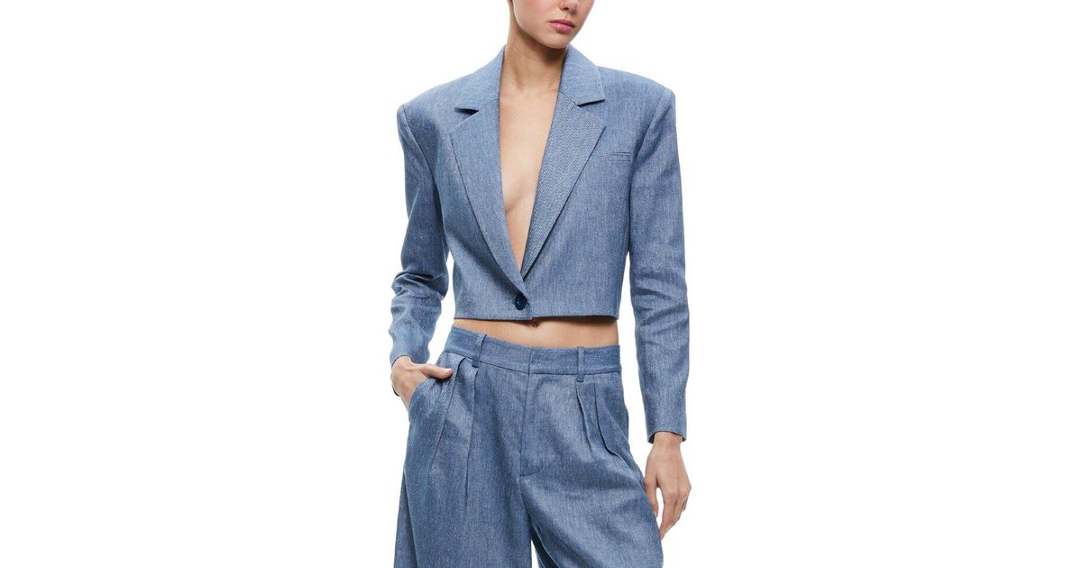 Alice + Olivia Shan Boxy Linen-Blend Blazer in Blue | Lyst