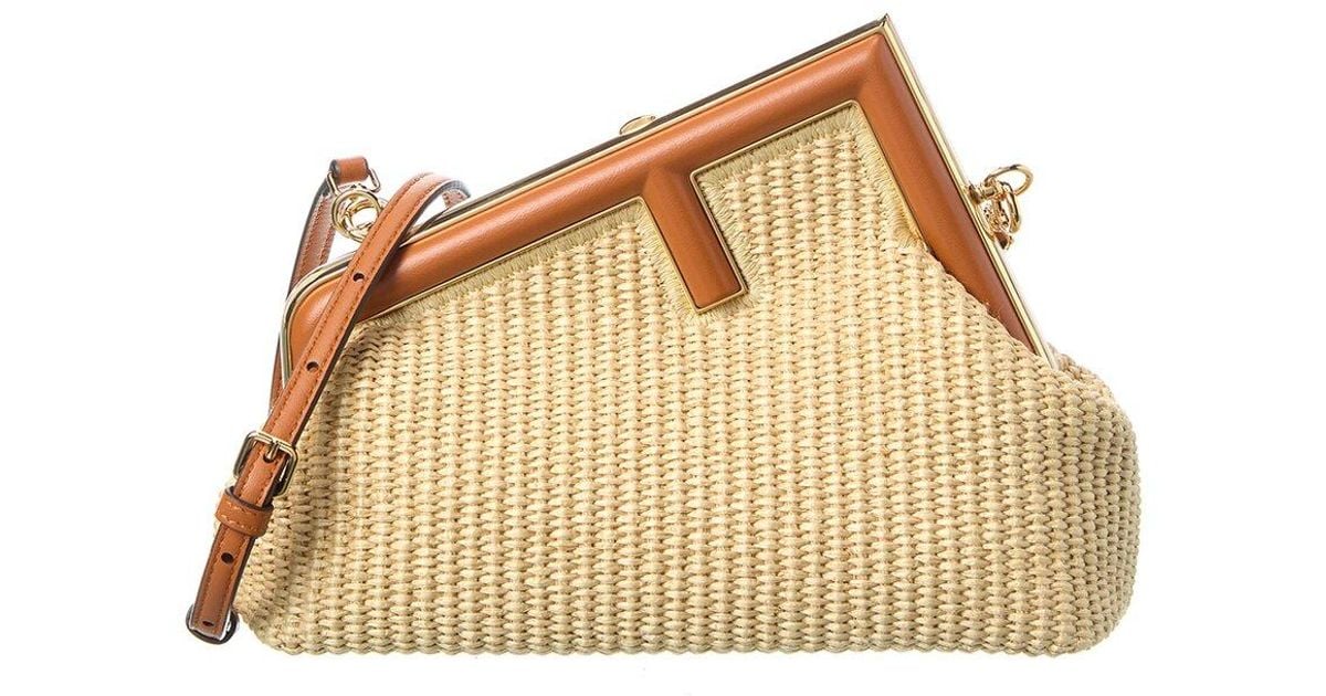 Fendi First Small Straw & Leather Shoulder Bag in Natural | Lyst