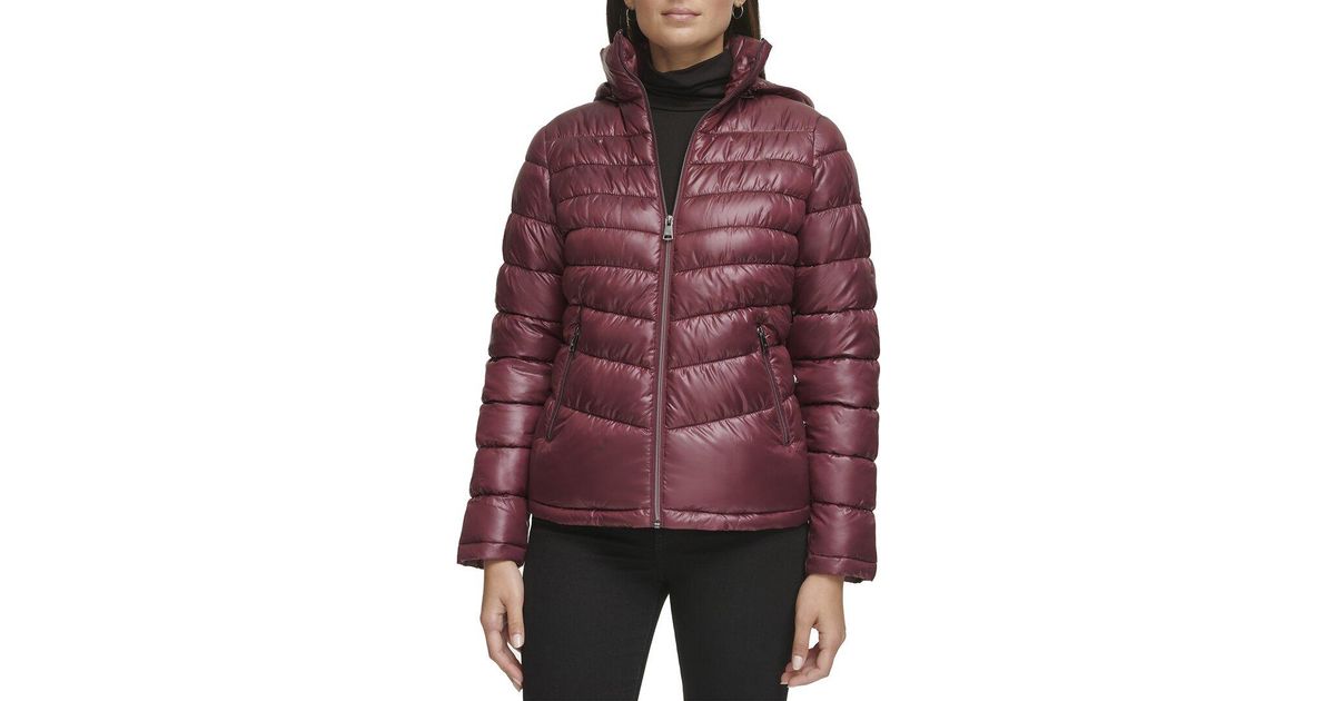 Kenneth Cole Short Zip Puffer Coat in Red | Lyst