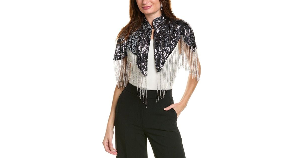 Saachi Beaded Fringe Sequin Capelet in Gray | Lyst