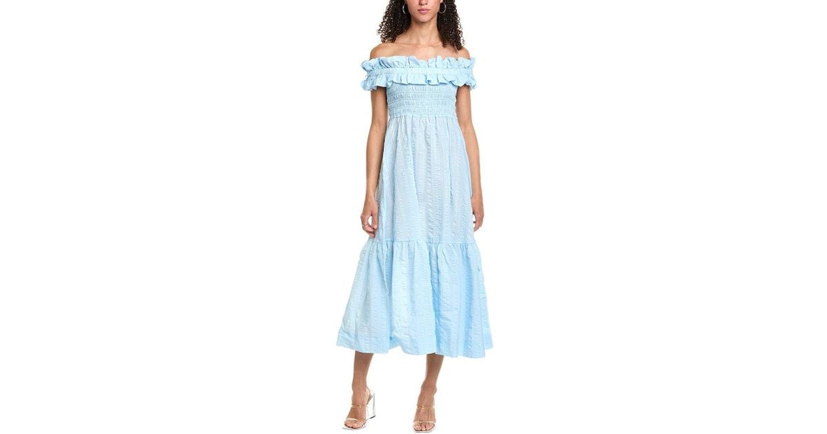 Ganni Seersucker Check Smocked Maxi Dress in Blue | Lyst