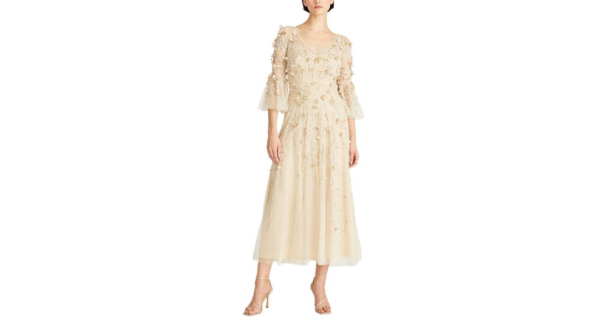 THEIA Zolene Embellished Midi Dress in Natural | Lyst