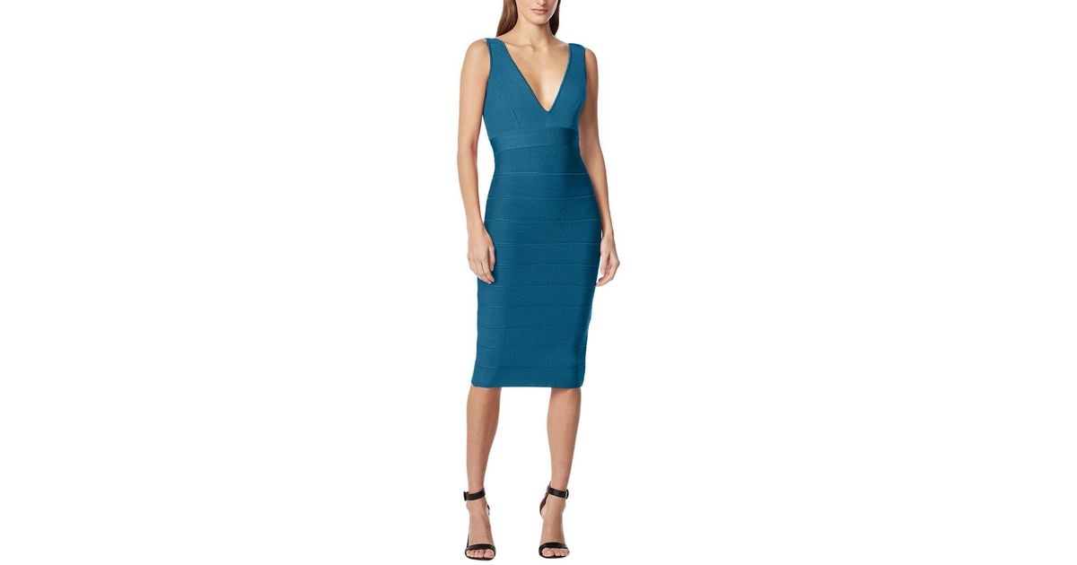 Hervé Léger Deep V Neck Icon Cocktail Dress in Blue | Lyst UK
