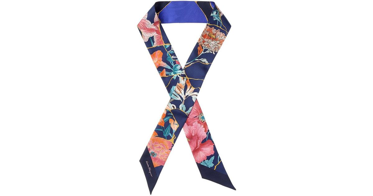 Ferragamo Floral Printed Silk Neck Bow in Blue | Lyst UK