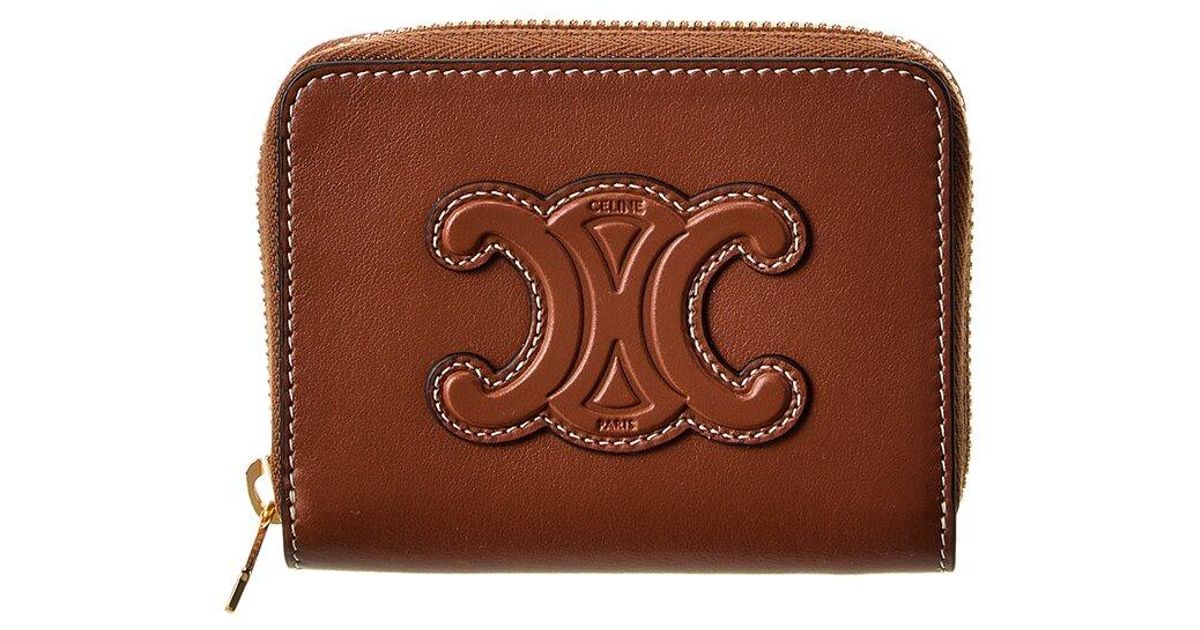 Celine Triomphe Compact Zipped Leather Wallet in Brown | Lyst