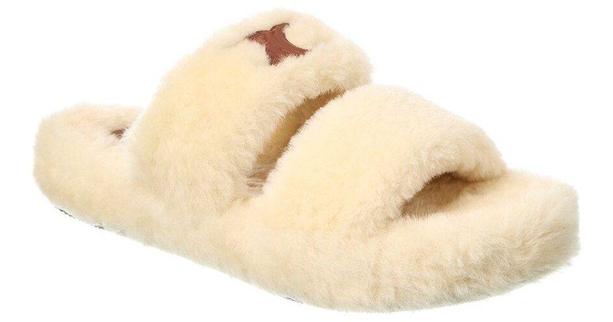 Celine Triomphe Shearling Slide in Natural | Lyst