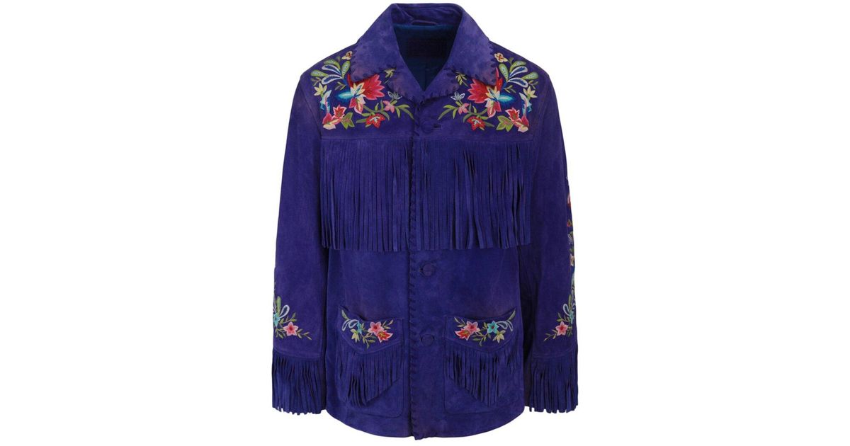 Gucci Floral Embroidered Suede Jacket in Blue for Men | Lyst