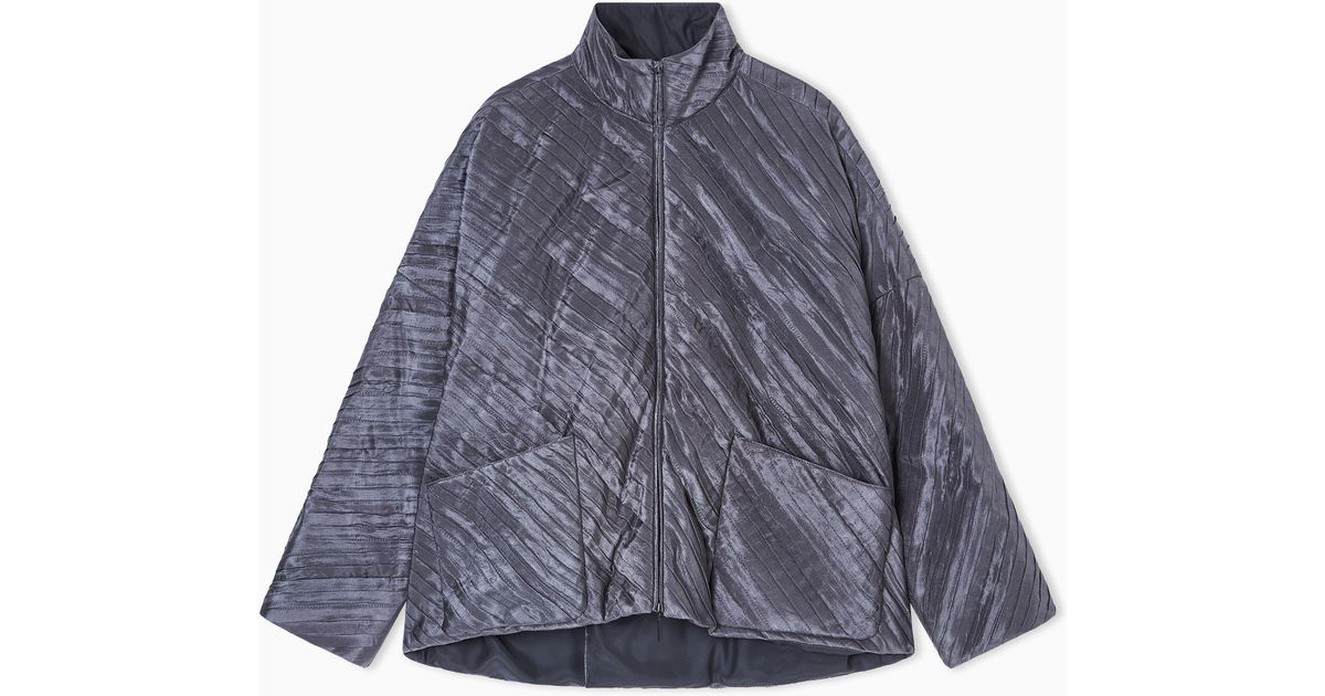 Giorgio Armani Diagonal Pleated Silk Pea Coat in Blue | Lyst