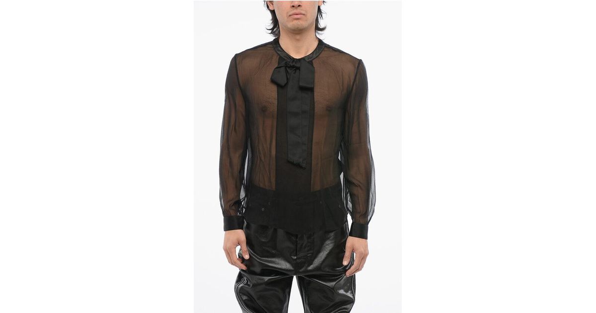 Saint Laurent See Through Silk Blouse With Satin Tie Neck Detail in Black for Men | Lyst UK