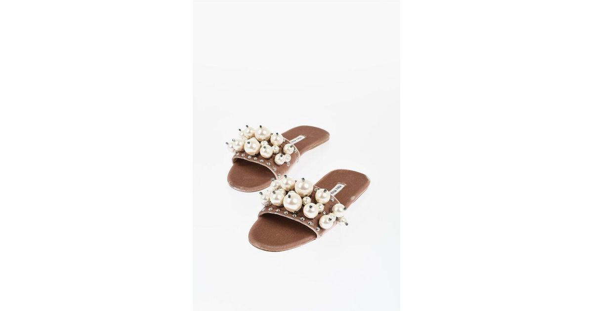 Miu Miu Velour Slides With Decorative Pearls in White | Lyst UK
