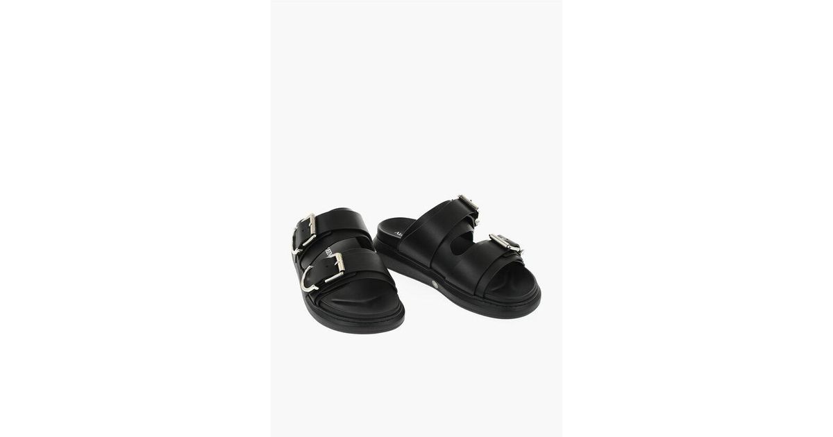 McQueen Leather Sliders With Double Buckle in Black for Men | Lyst UK